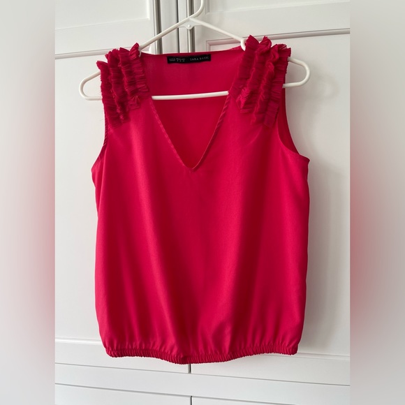 Zara | Tops | Zara Red Top With Neck And Cute Ruffled Sleeves | Poshmark